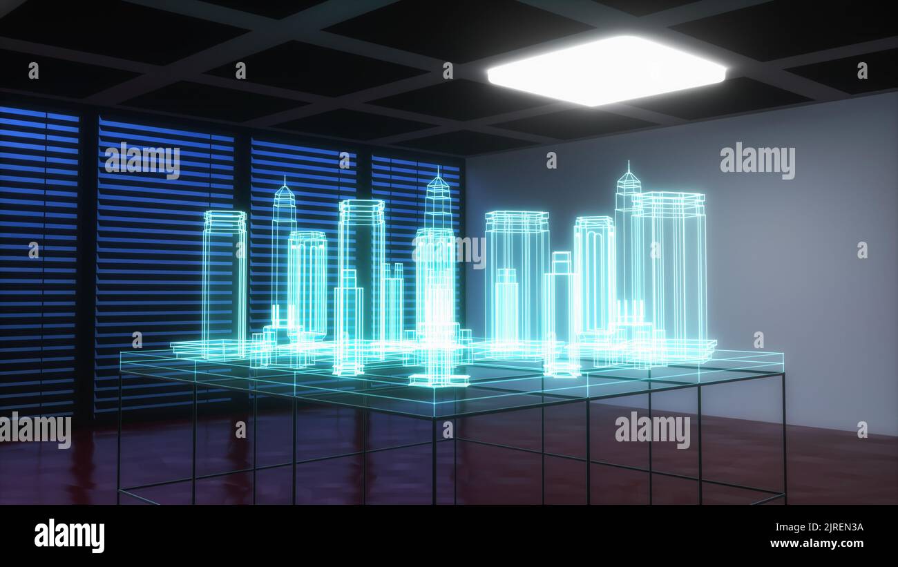 a city skyscraper simulation as a hologram (3d rendering Stock Photo ...