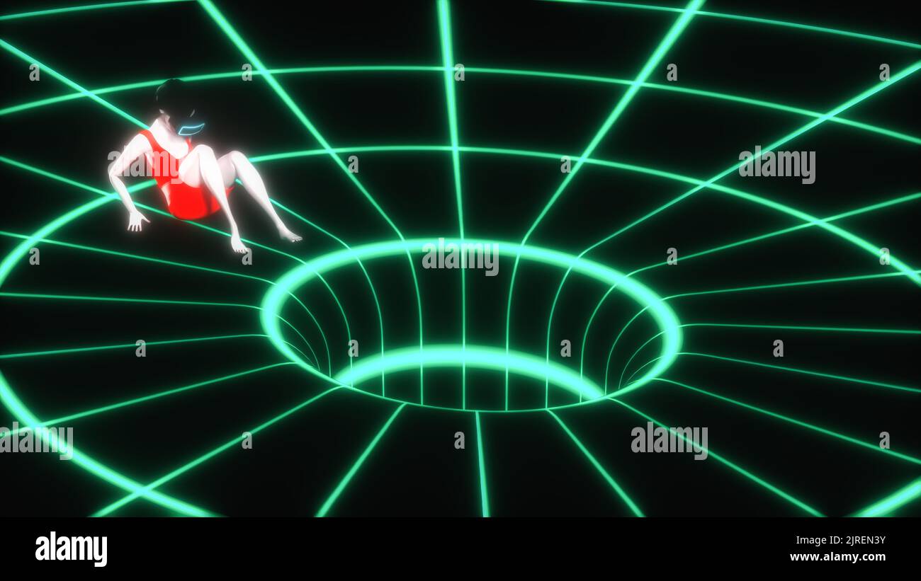 a young woman is immersed in virtual reality (3d rendering Stock Photo ...