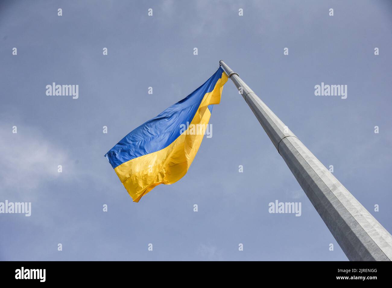 The flag of Ukraine raised on the flagpole on National Flag Day in Lviv ...