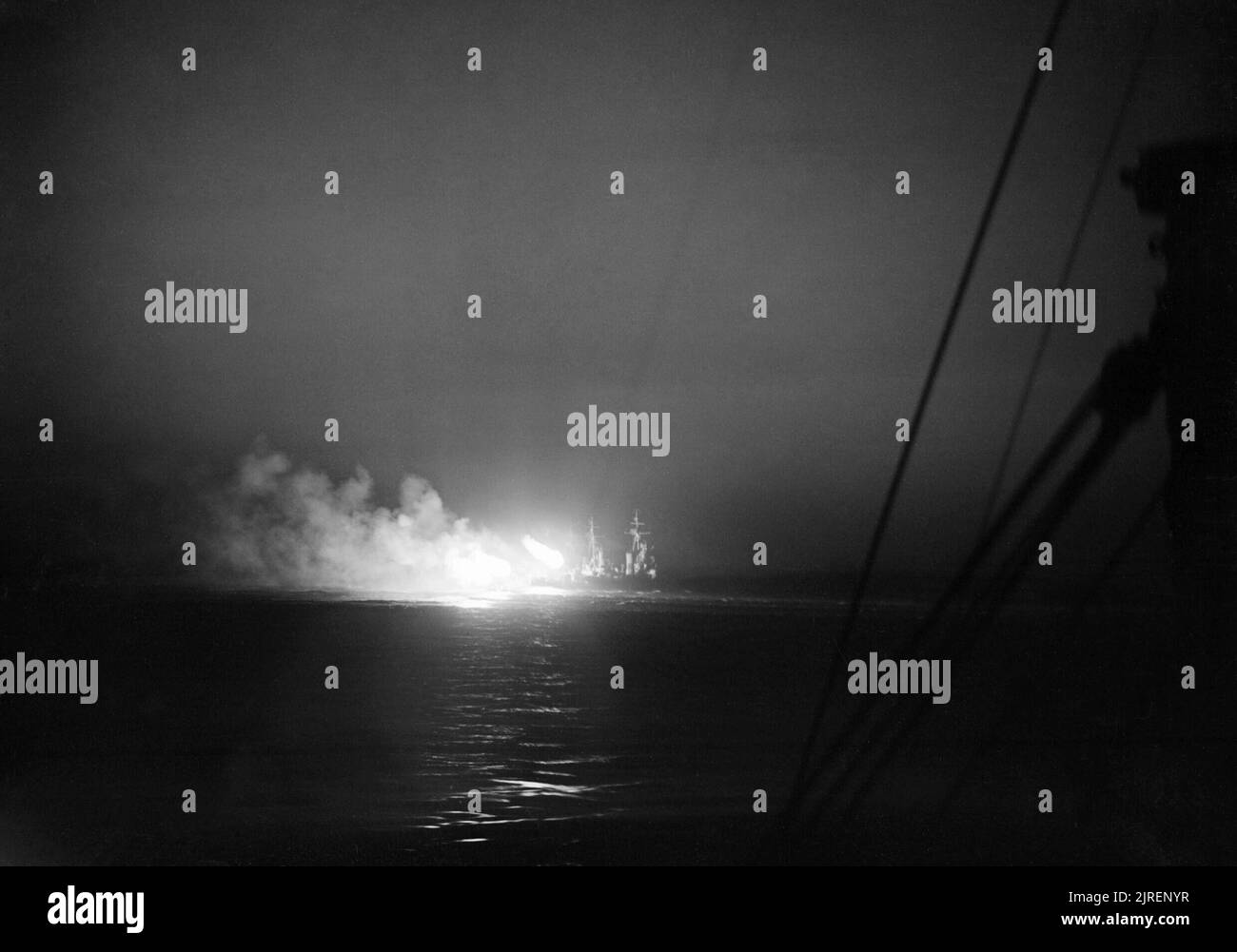 HMS DIDO firing at night against Italian torpedo boats of Cape Bon ...