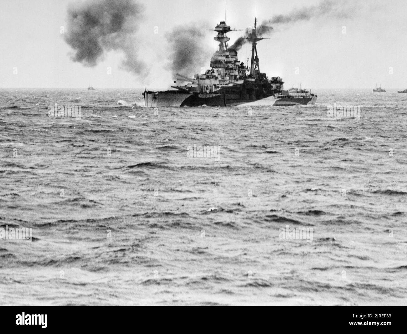 HMS RAMILLIES bombarding enemy positions on the Normandy Coast, 6 June ...