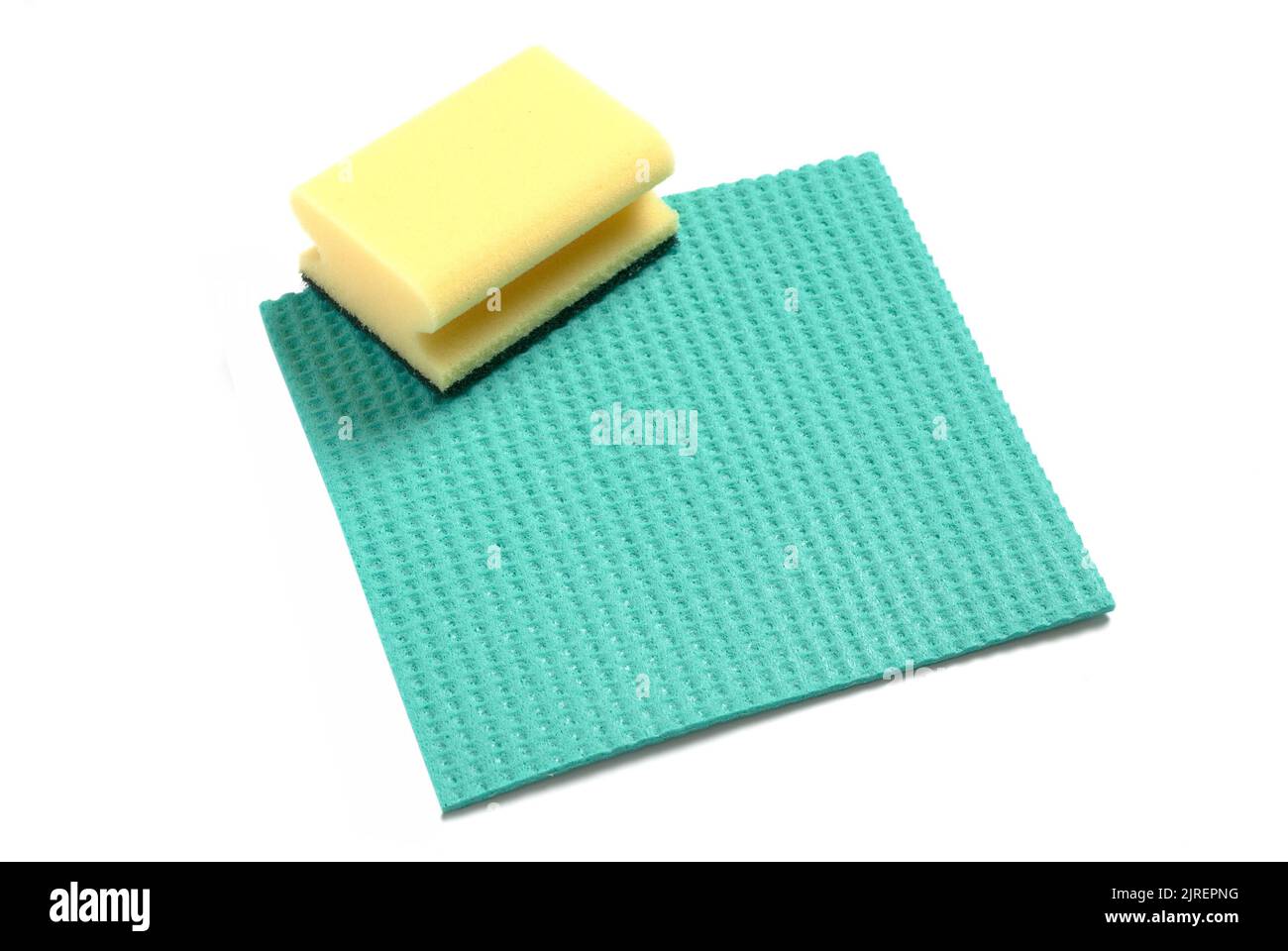Green Cleaning Cloth And Scouring Sponge Isolated On White Background