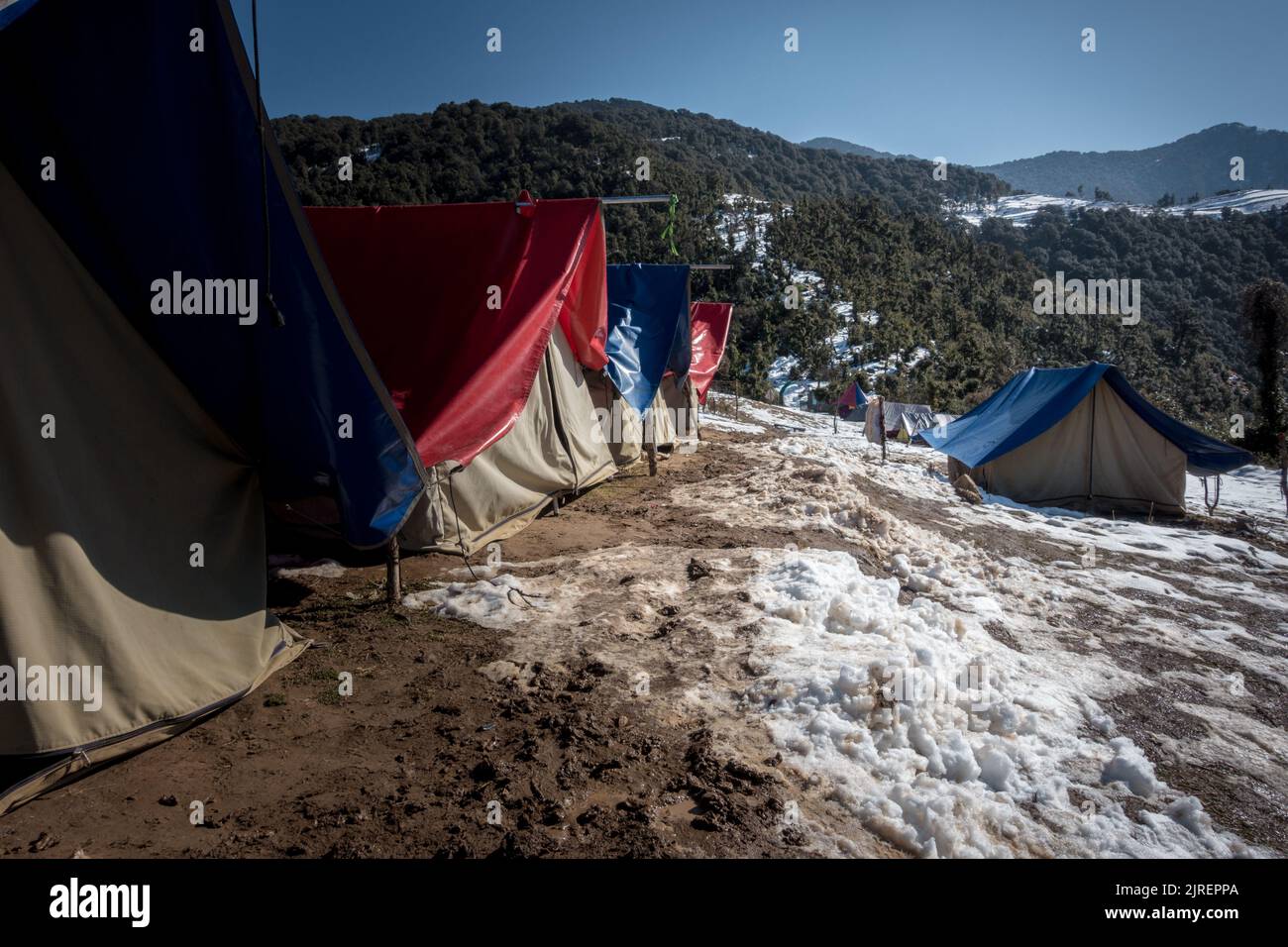 Base camps on the hills of Himalayan trekking adventure during Snowfall ...