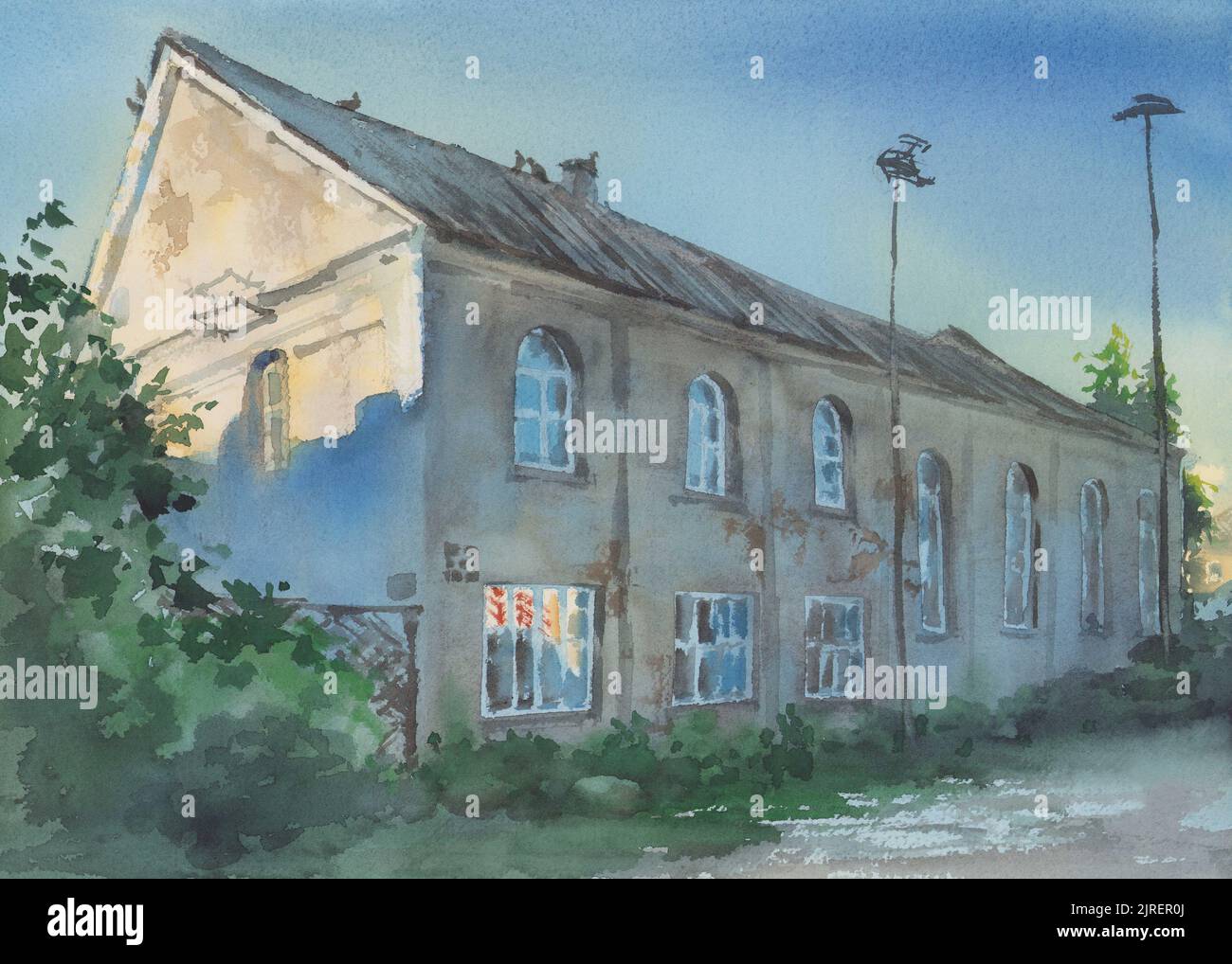 Old Jewish synagogue in Zagare, Lithuania watercolor landscape Stock ...