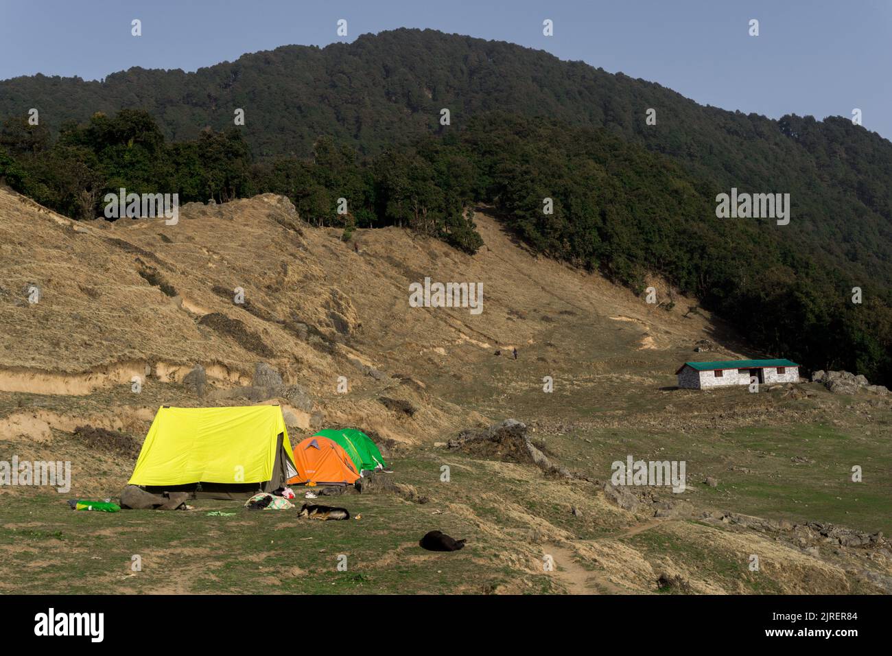 Base camps on the hills of Himalayan trekking adventure with visible ...