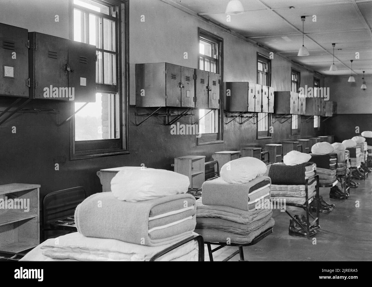 Interior of an airmen's barrack room at RAF Fighter Command HQ ...