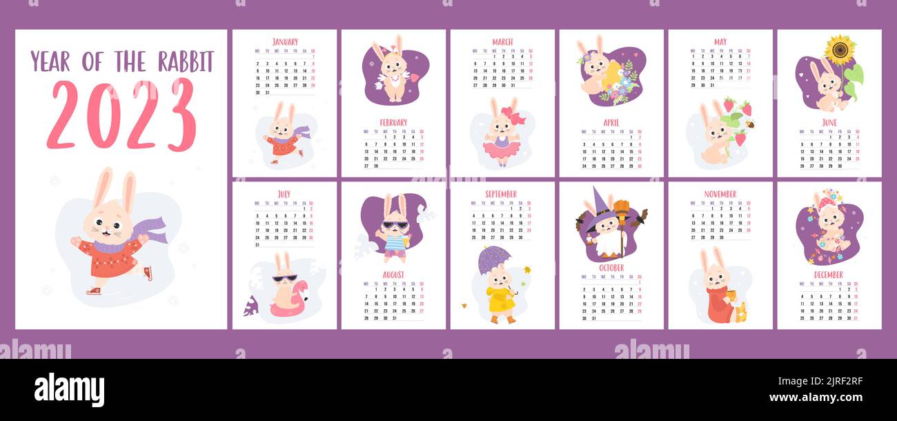 Cute rabbit printable calendar 2023. Vector Vertical planner organizer ...