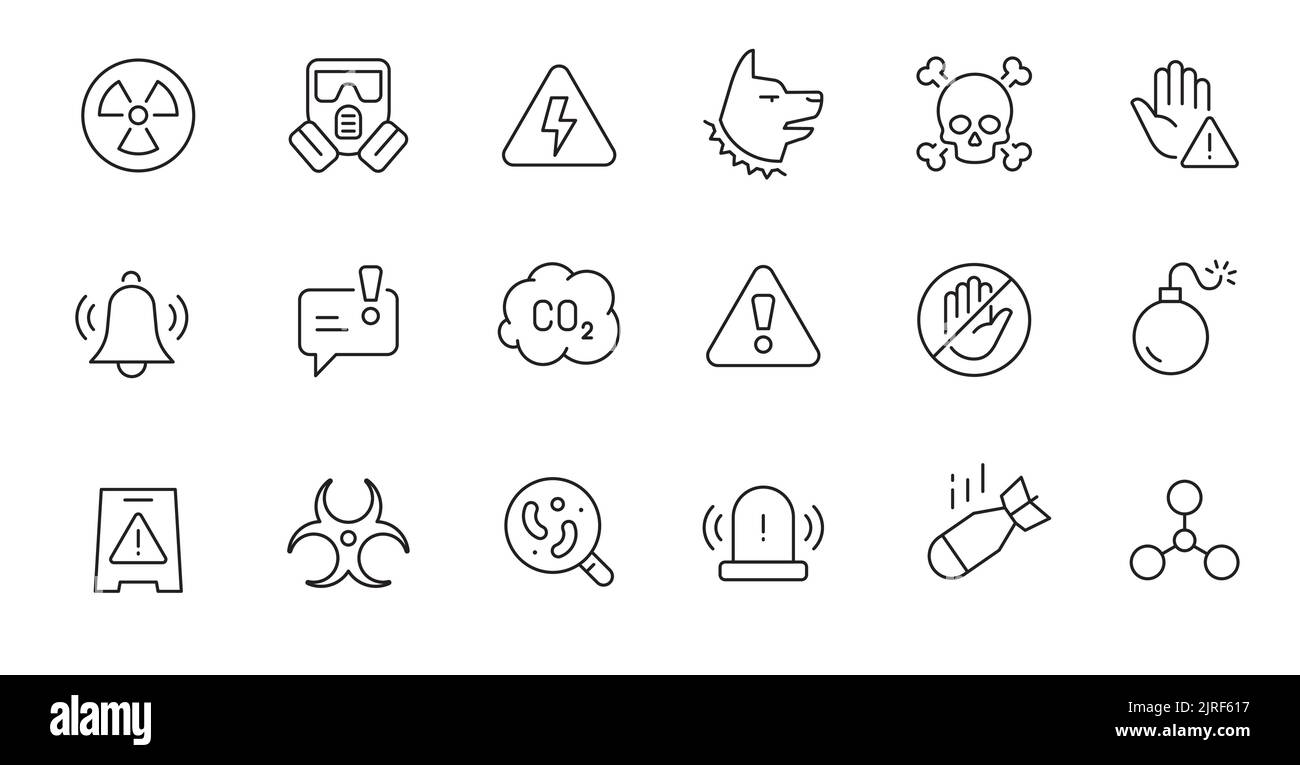 Danger warn attention icon set. Line alert, caution, chemical biohazard ...