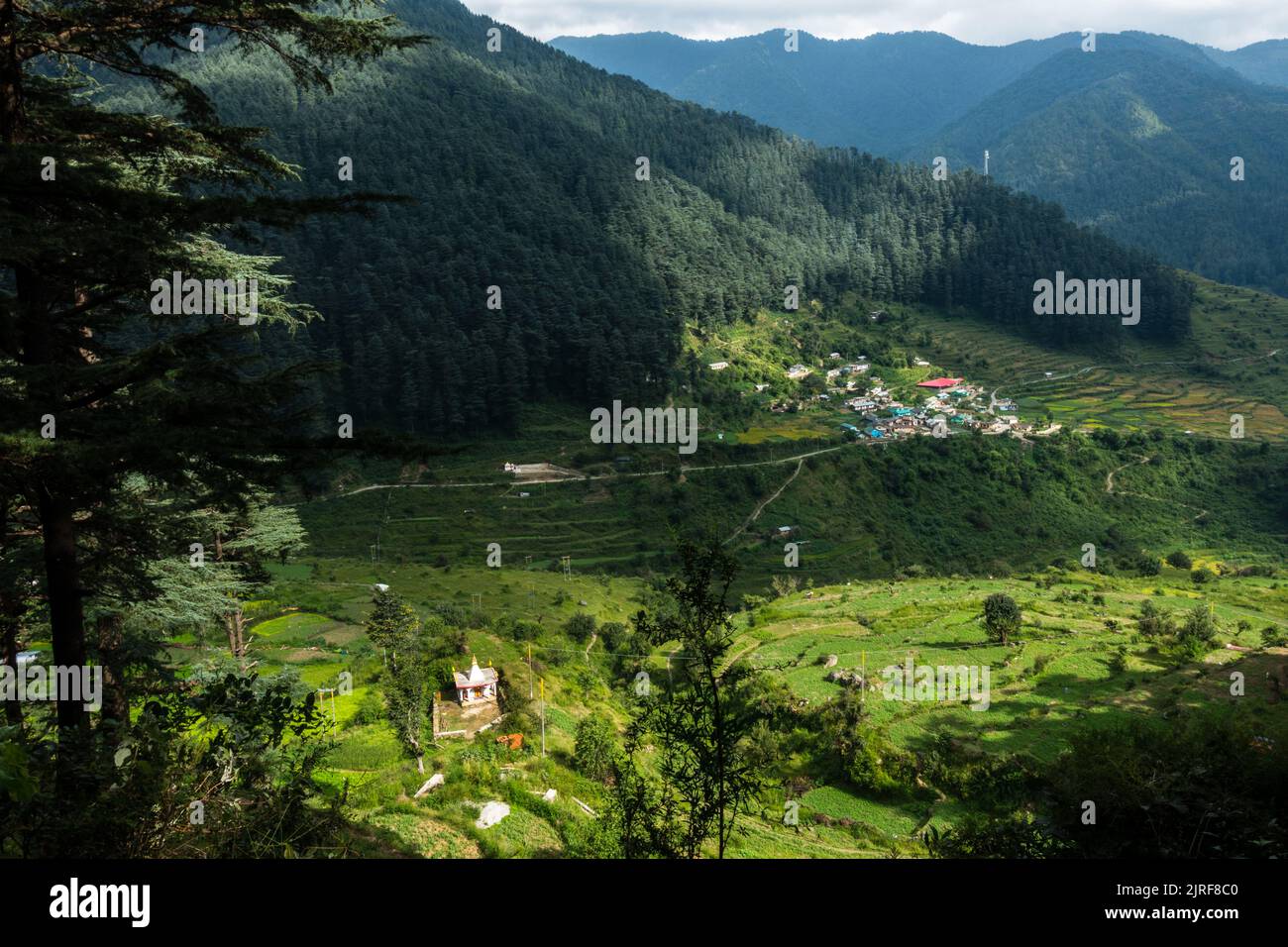 A wide angle shot of a village in the mountains of Lower Himalayan ...