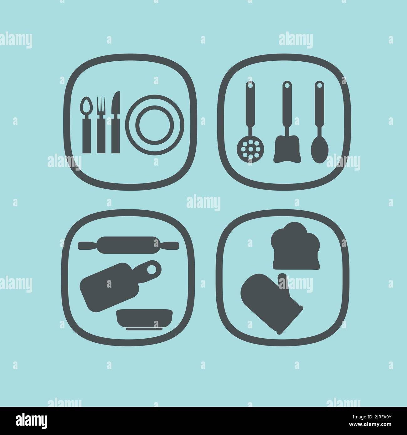 A vector of different kitchen tools in squares isolated in blue ...