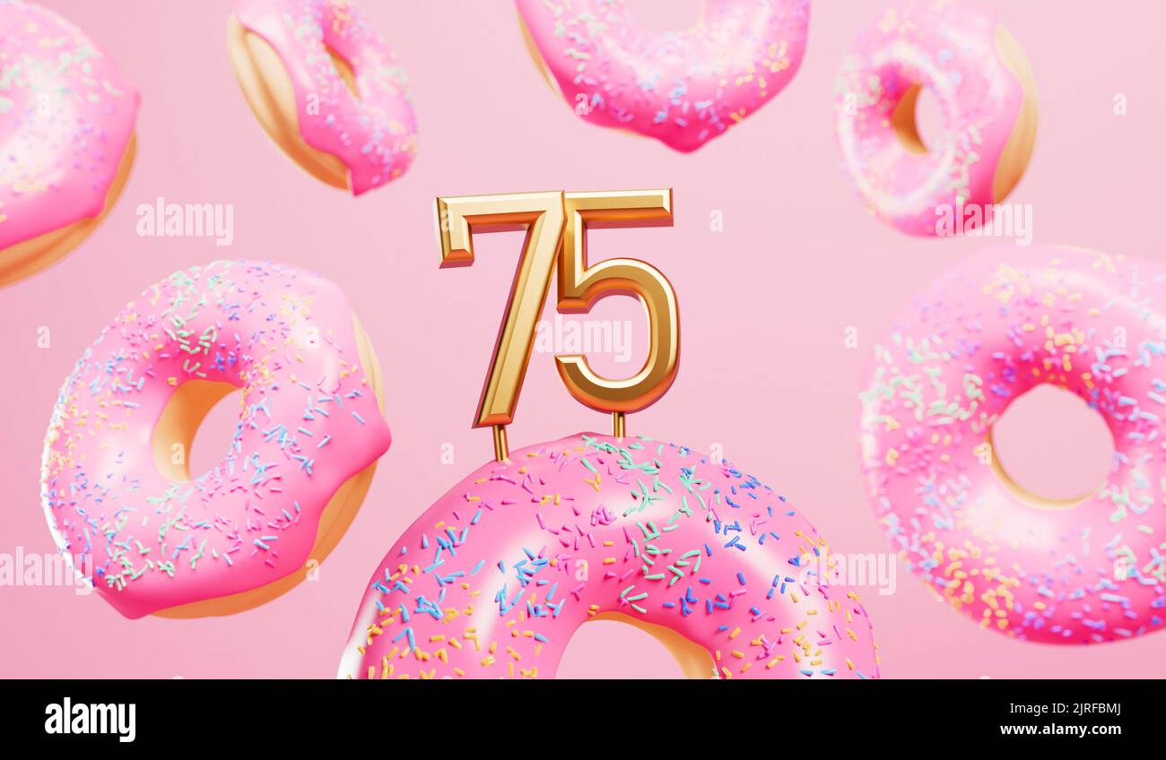 Happy 75th birthday celebration background with pink frosted donuts. 3D ... Happy 75th birthday celebration background with pink frosted donuts. 3D ...
