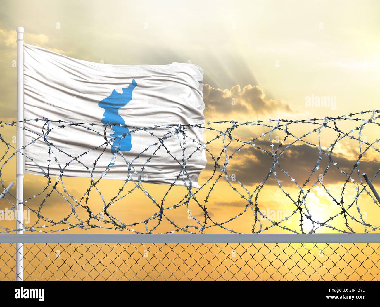 Flagpole with the flag of Korean Unification against the sky and behind ...