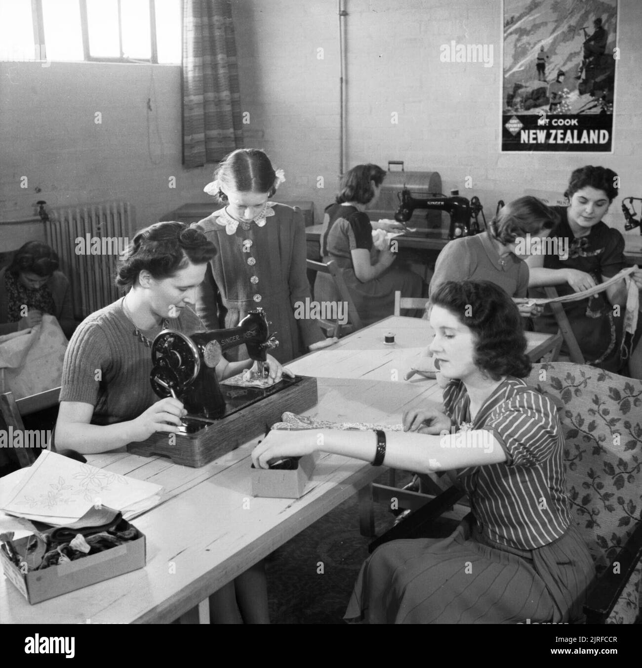 The sewing room in the war workers hostel at Royal Ordnance Factory ...
