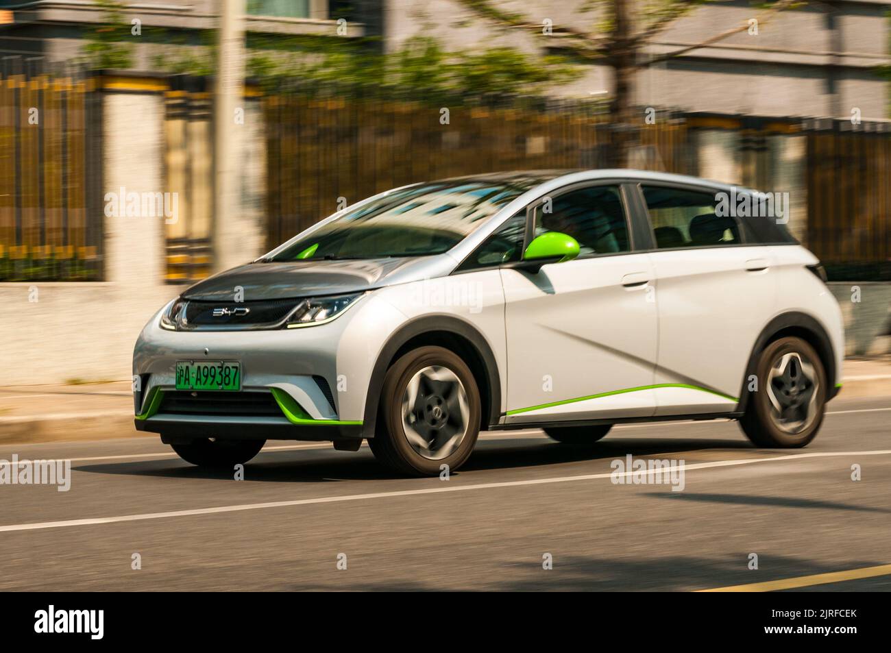 BYD Dolphin small electric hatchback car being driven on the road in ...