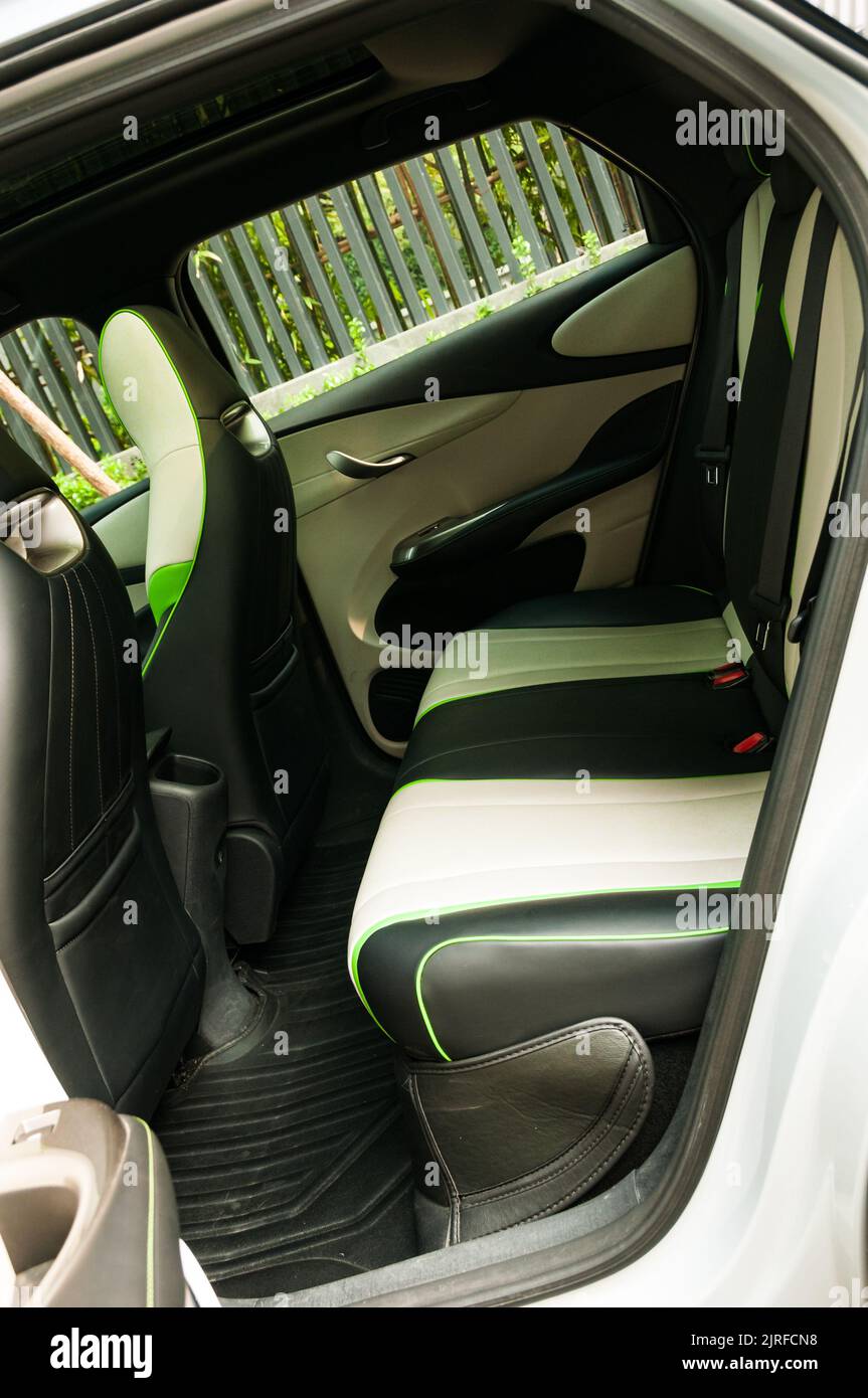 Rear seats of a BYD Dolphin small electric hatchback as pictured on a ...
