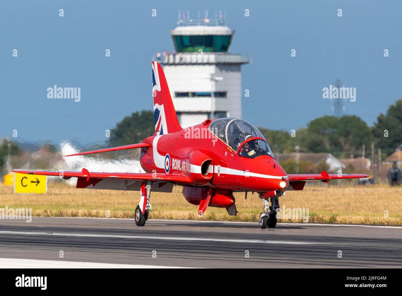 Royal Air Force Red Arrows BAe Hawk T1 jet plane landing at London ...