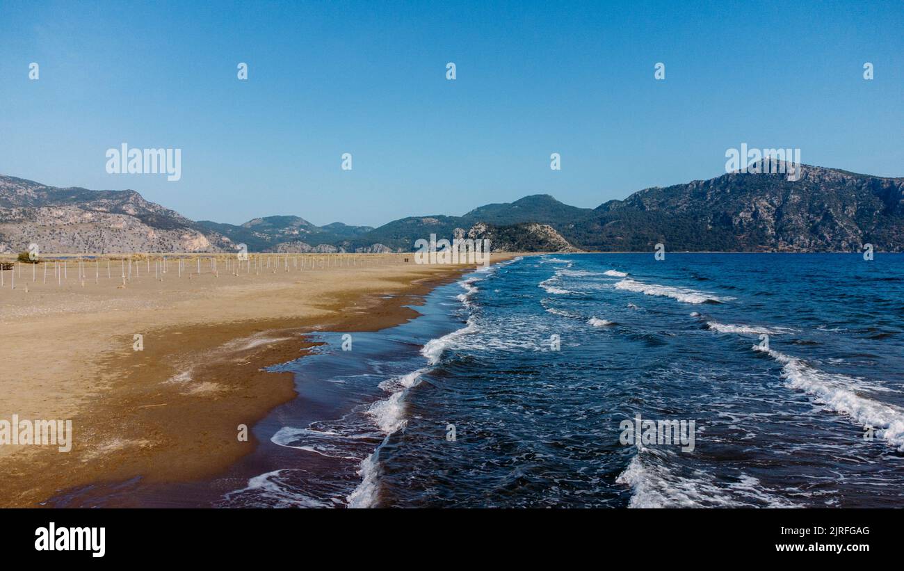 Aeriel scenic drone view to Iztuzu beach and the Dalyan river Delta or ...