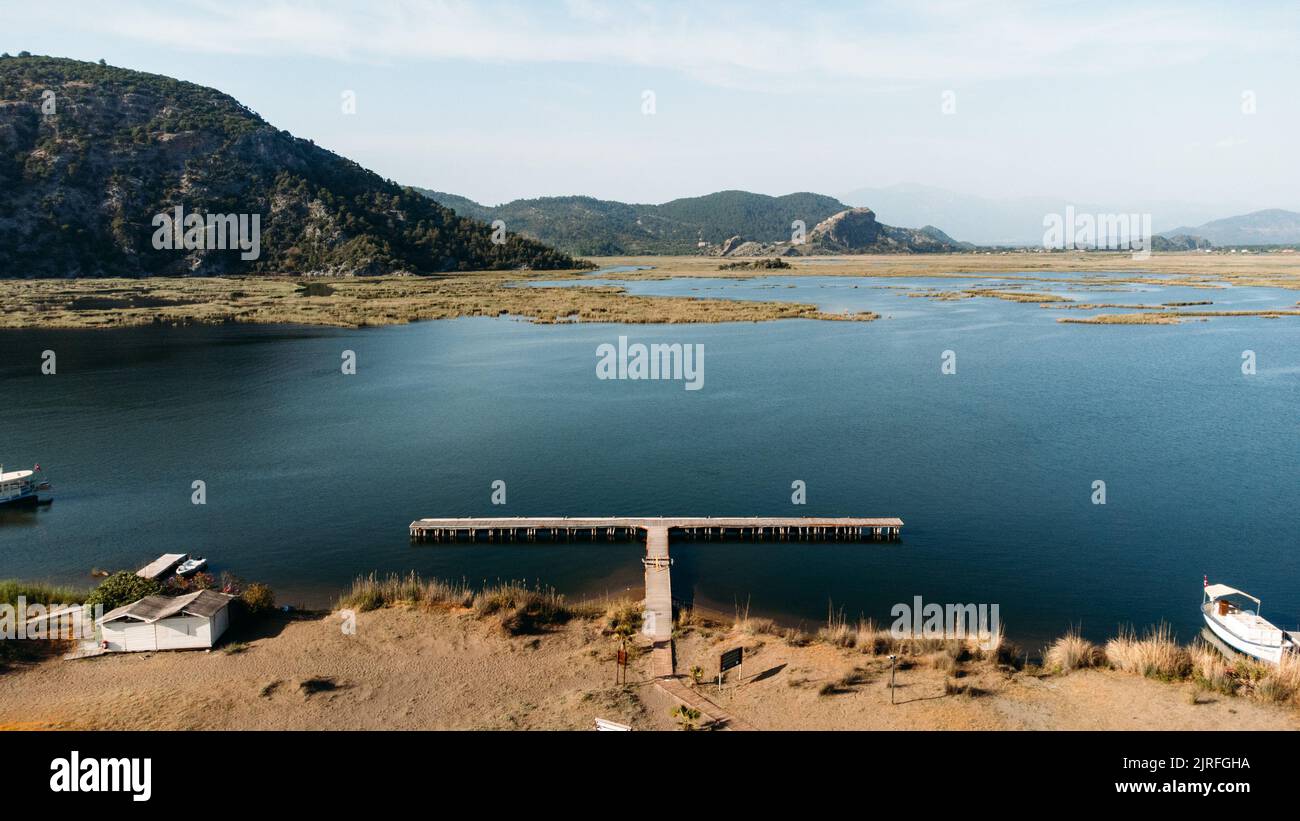 Aeriel scenic drone view to Iztuzu beach and the Dalyan river Delta or ...