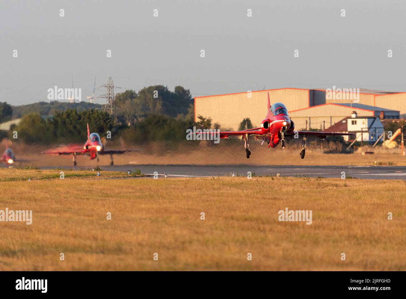 RAF Red Arrows BAe Hawk jet planes taking off from London Southend ...