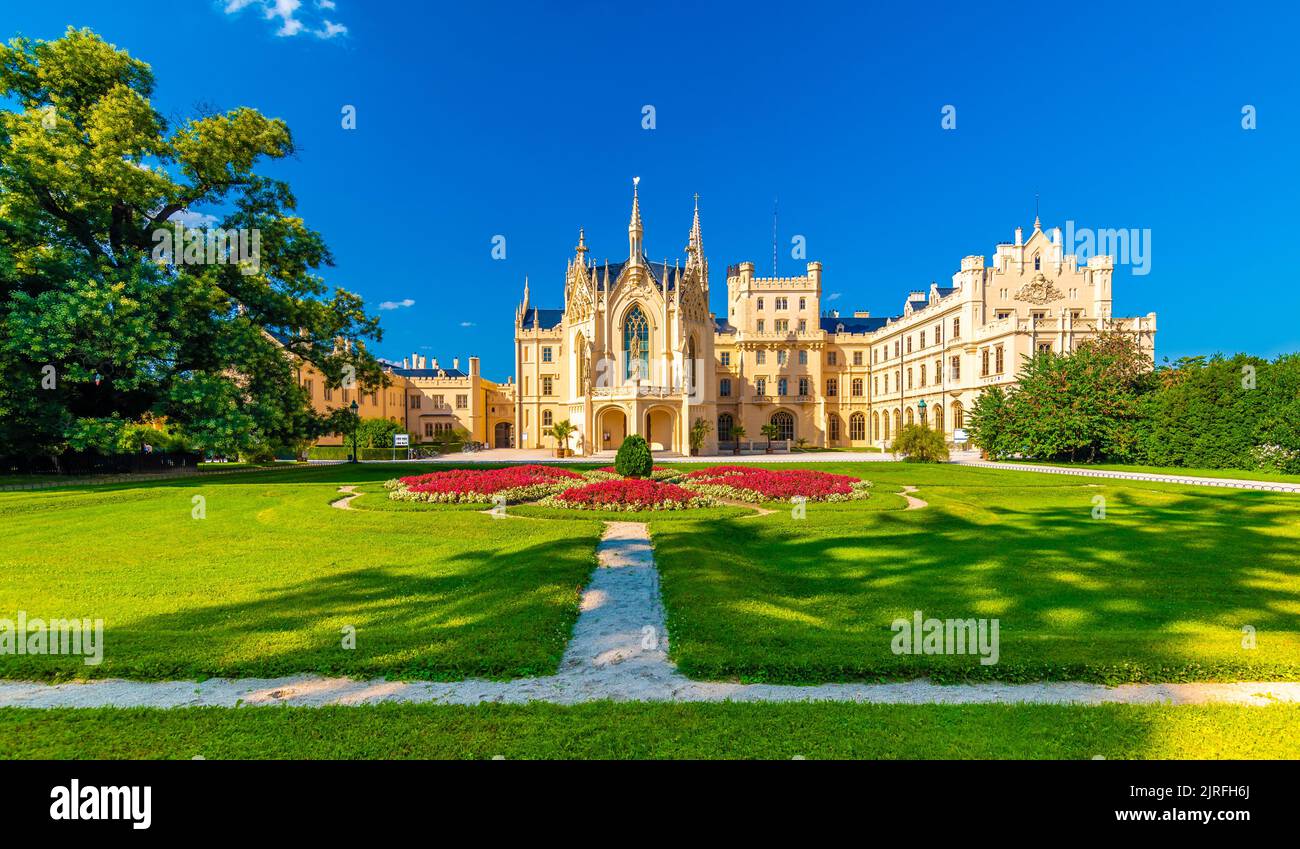 Panoramic view of famous Lednice castle, Czech Republic. Front view ...