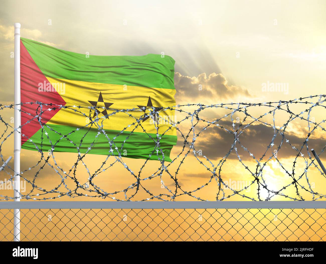 Flagpole with the flag of Sao Tome and Principe against the sky and ...