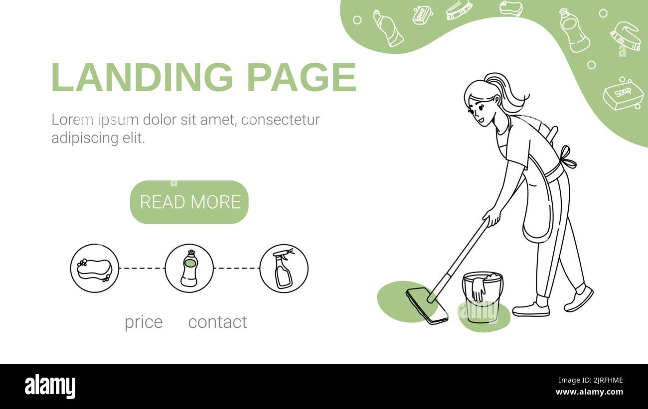 Cleaning service vector landing page with hand drawn illustration of ...