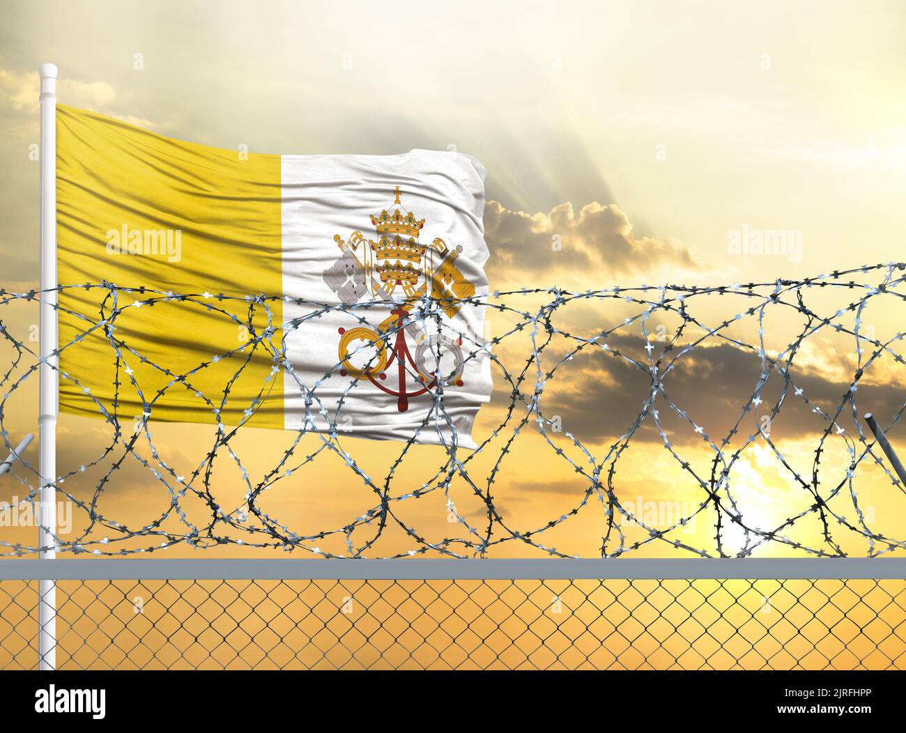 Flagpole with the flag of Vatican city Holy see against the sky and ...