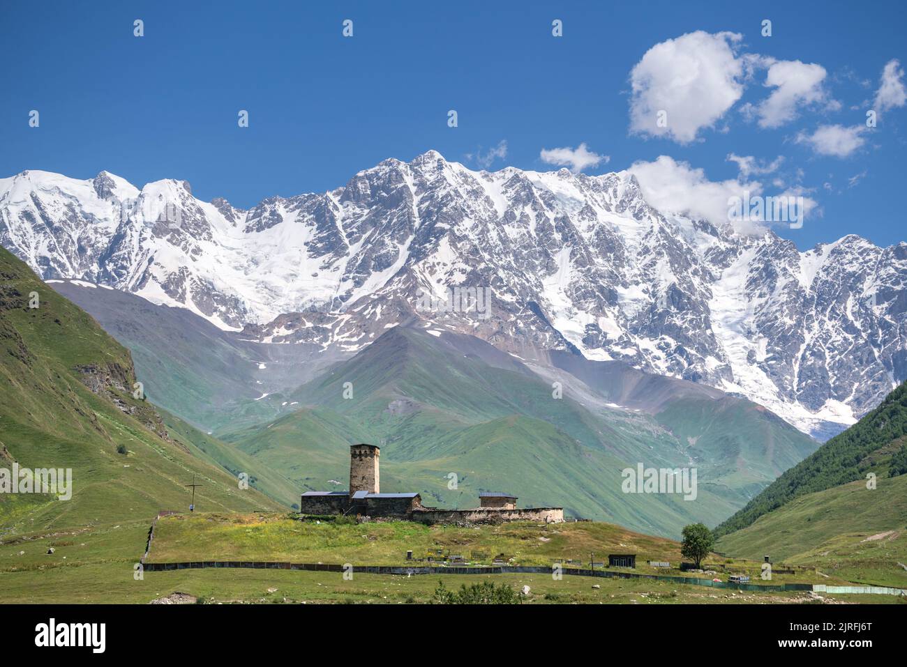 Lamaria monastery and Shkhara mount in Ushguli community, Upper Svaneti ...