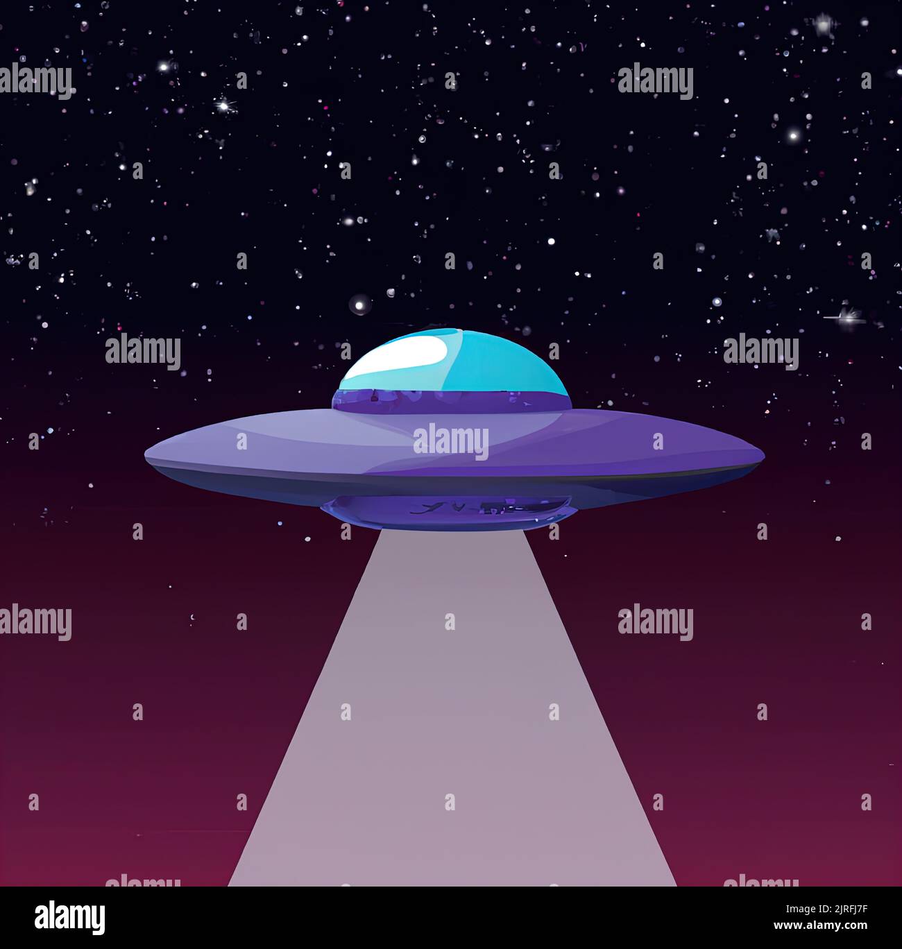 2D flat illustration of UFO in space with beam from below. Minimalist ...