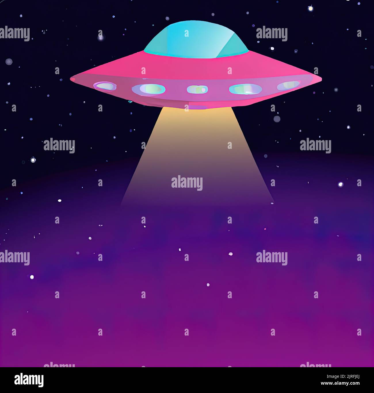 2D flat illustration of UFO in space with beam from below. Minimalist ...