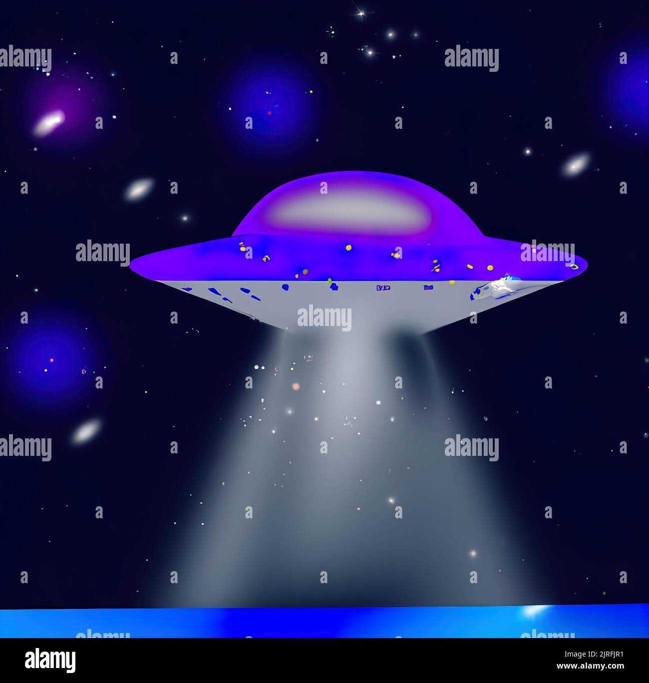 2D flat illustration of UFO in space with beam from below. Minimalist ...