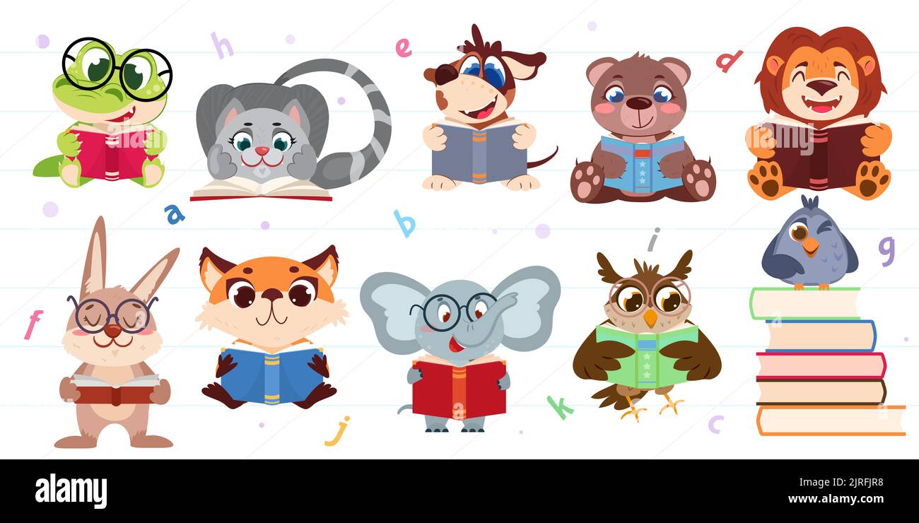 Set of cute cartoon animals and birds reading books. Smart funny owl ...