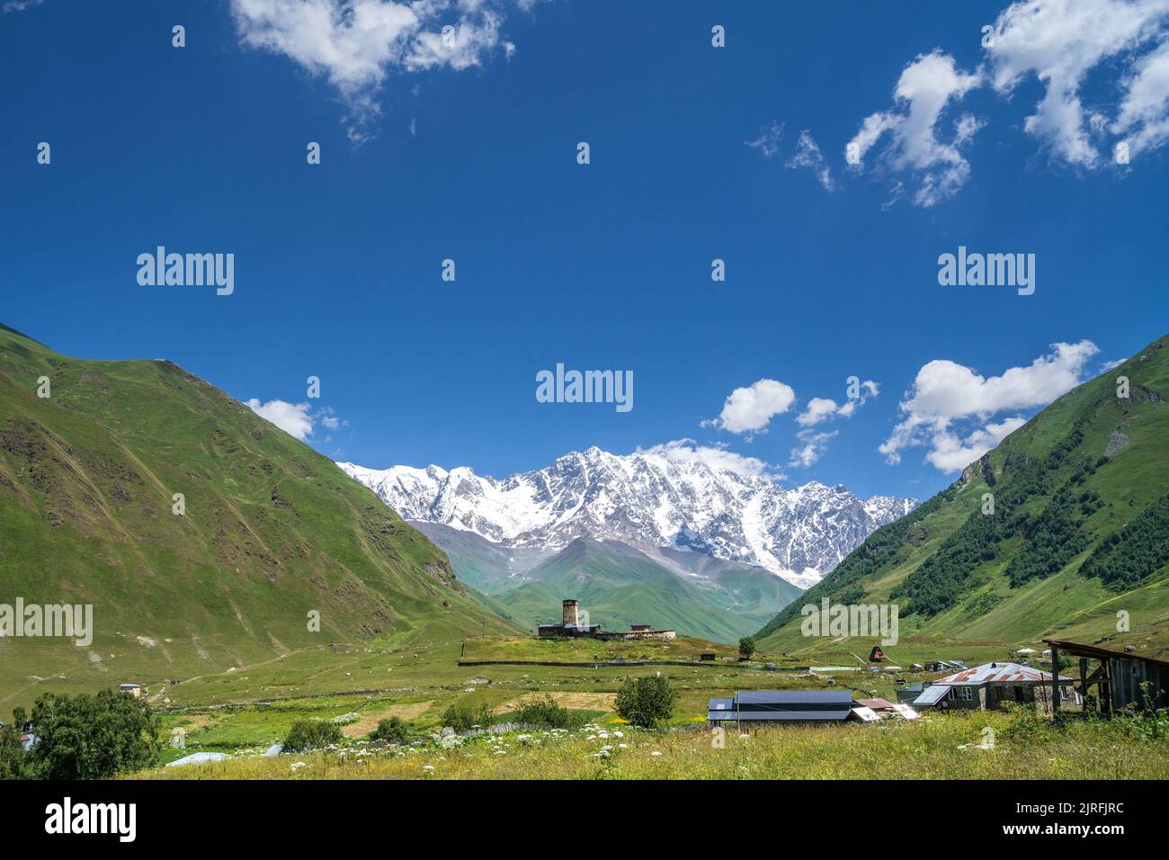 Lamaria monastery and Shkhara mount in Ushguli community, Upper Svaneti ...