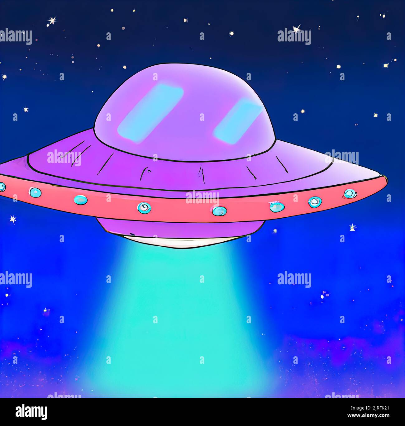 2D flat illustration of UFO in space with beam from below. Minimalist ...