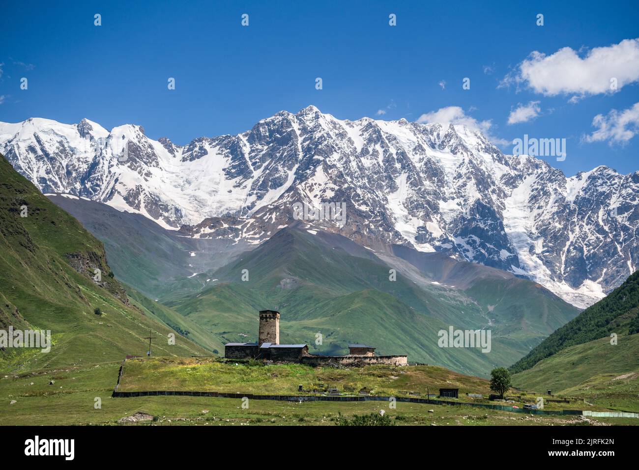 Lamaria monastery and Shkhara mount in Ushguli community, Upper Svaneti ...