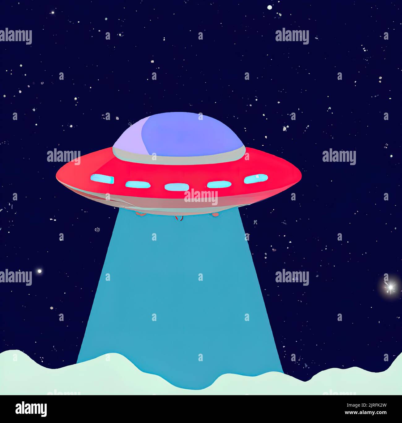2D flat illustration of UFO in space with beam from below. Minimalist ...