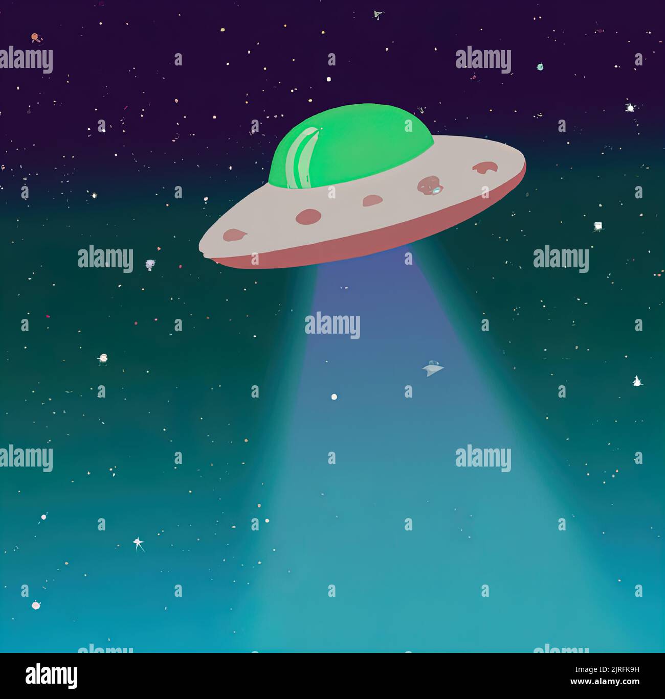 2D flat illustration of UFO in space with beam from below. Minimalist ...