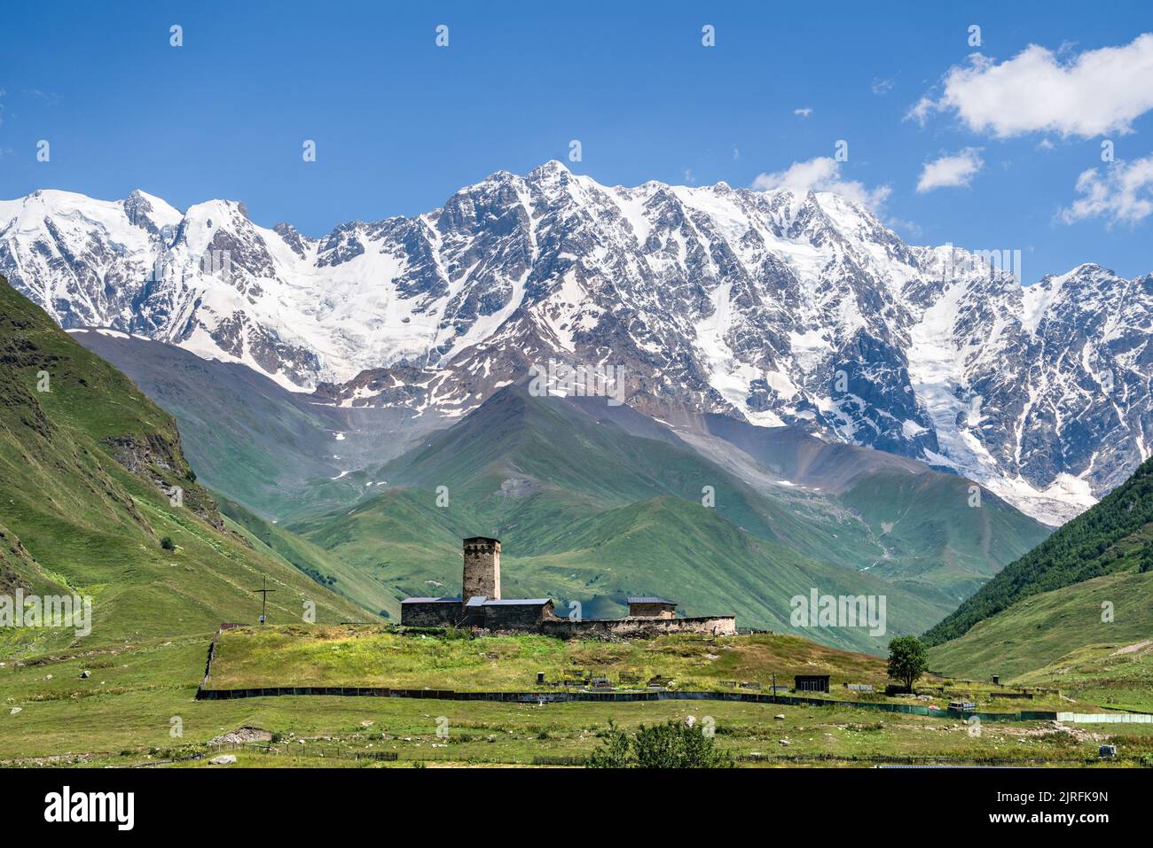 Lamaria monastery and Shkhara mount in Ushguli community, Upper Svaneti ...
