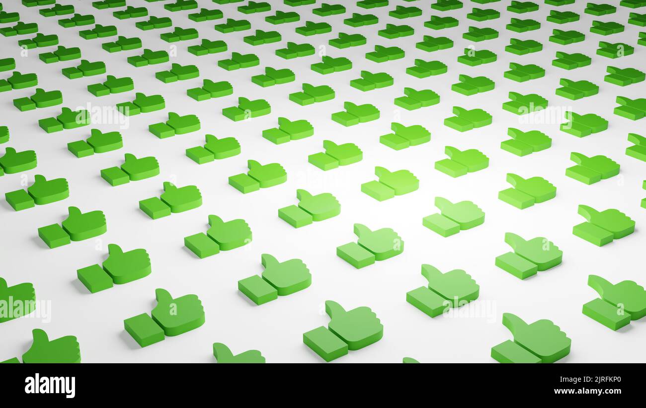Set of green colored thumb up 3D models placed on white desk. Light ...