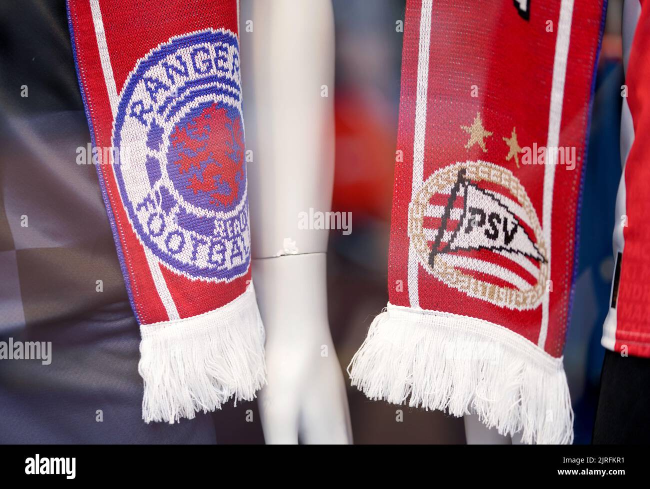 Commemorative match scarves on display in a shop ahead of the UEFA ...
