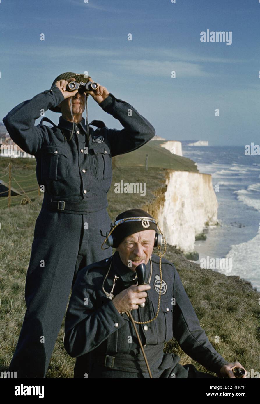 Two men of the Royal Observer Corps on a cliff top near Dover, 1943 ...