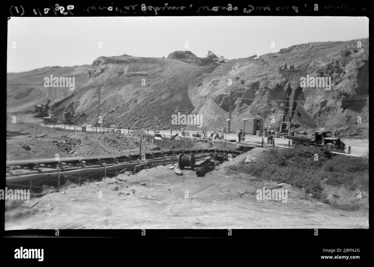 Conveyor belt and spoil ridge, Rongotai scheme, 01 February 1956, by ...