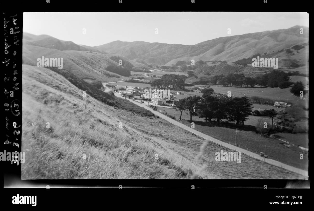 Down Makara valley from bench ...., 31 March 1956, by Leslie Adkin ...
