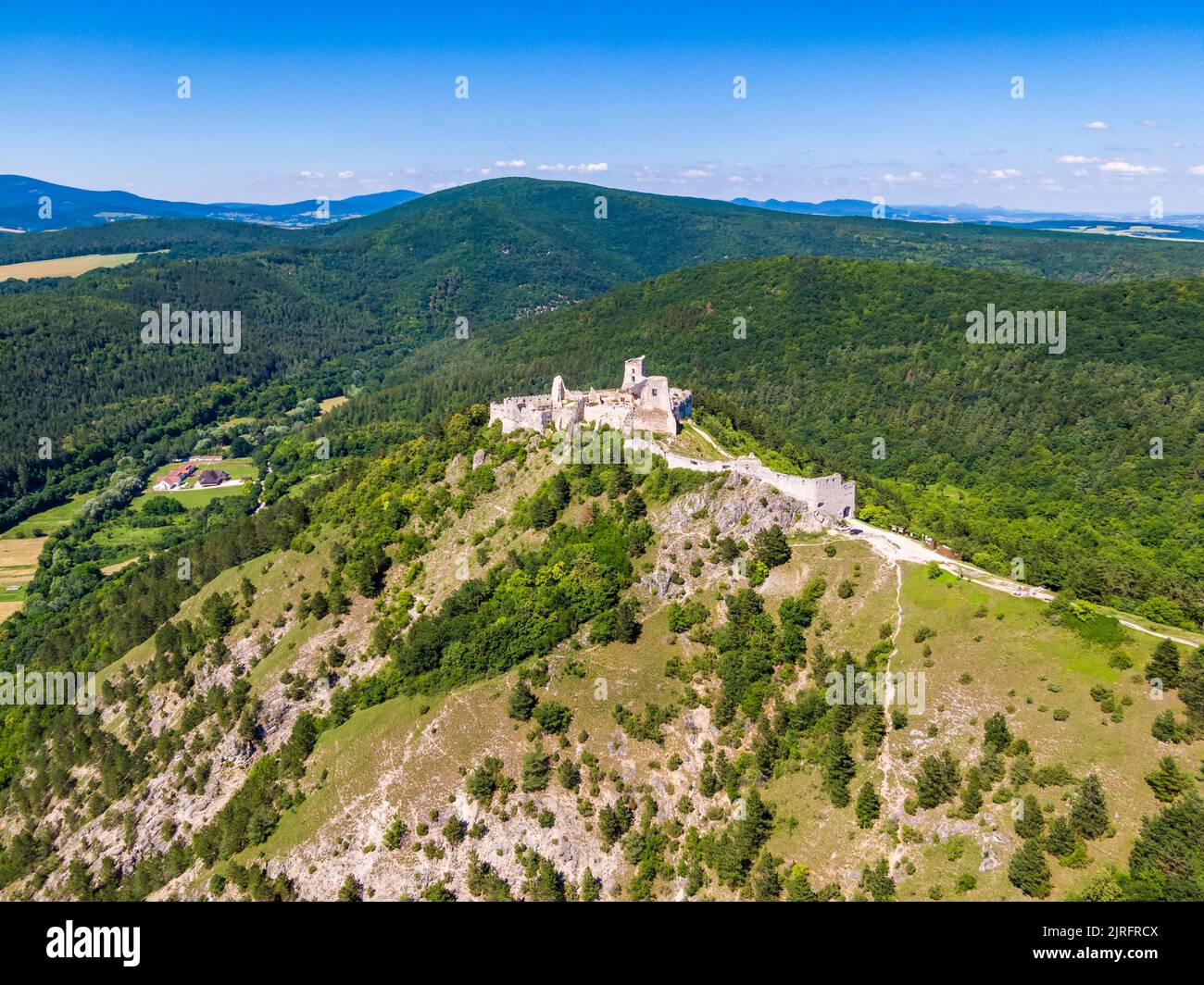 Aerial view of Cachtice castle, Slovakia. Famous medieval castle known ...