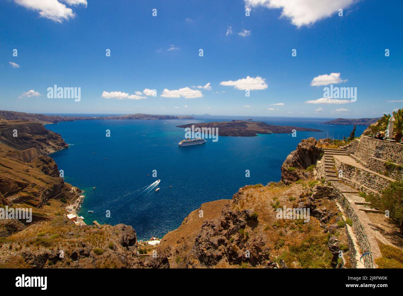 Cruise ship in the caldera of Santorini from Fira on the Greek Island ...