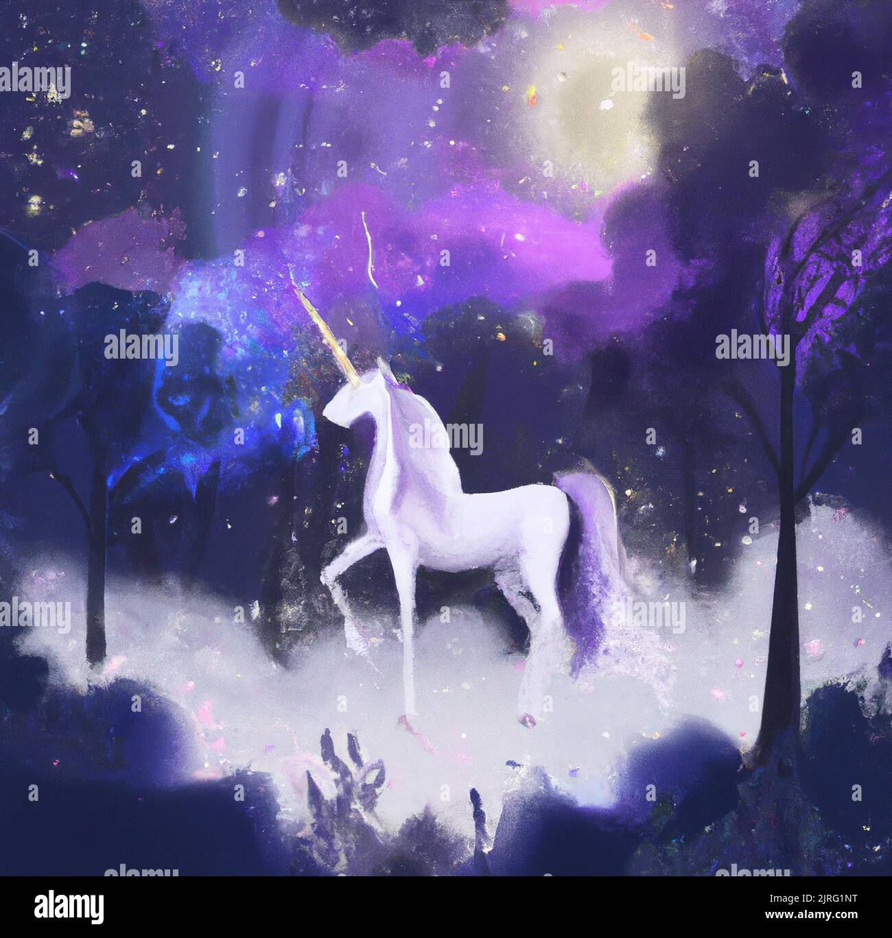Unicorn In A Magical Fantasy Forest Digital Drawing Illustration Fabulous Colors Moon In The
