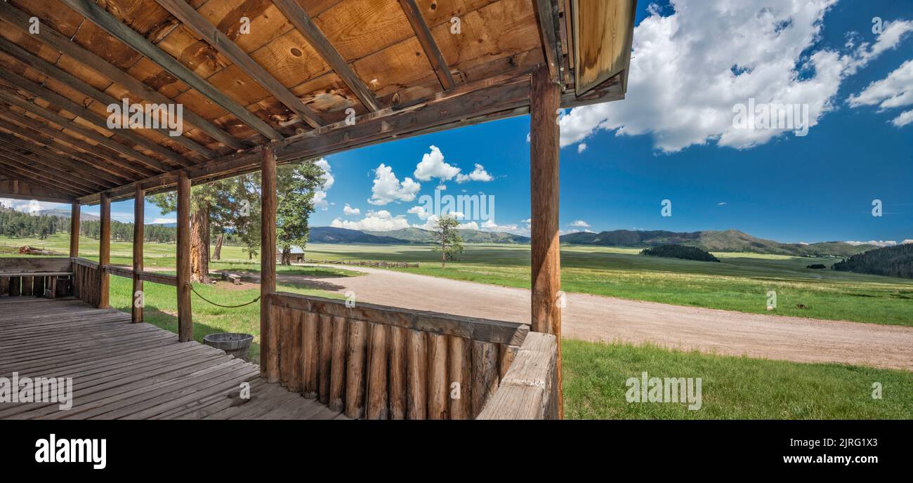View of Valle Grande from porch at historical Ranch Foremans Cabin ...
