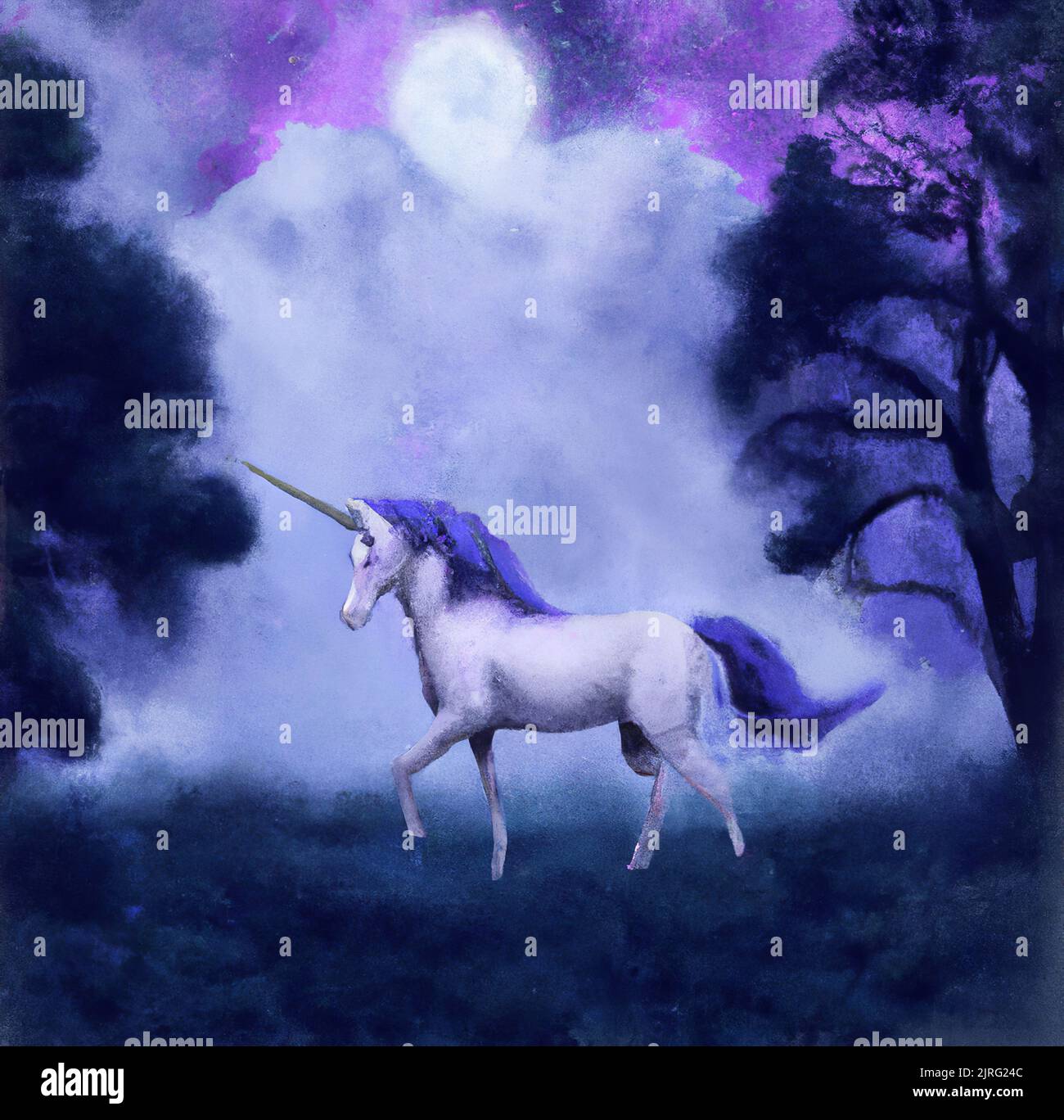 Unicorn in a magical fantasy forest digital drawing illustration ...