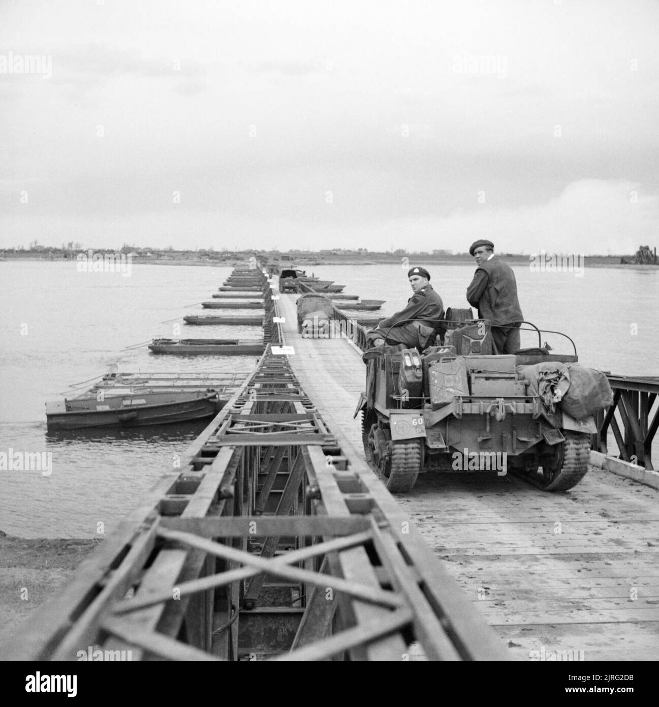 British vehicles crossing 'Lambeth Bridge', one of the pontoon bridges ...