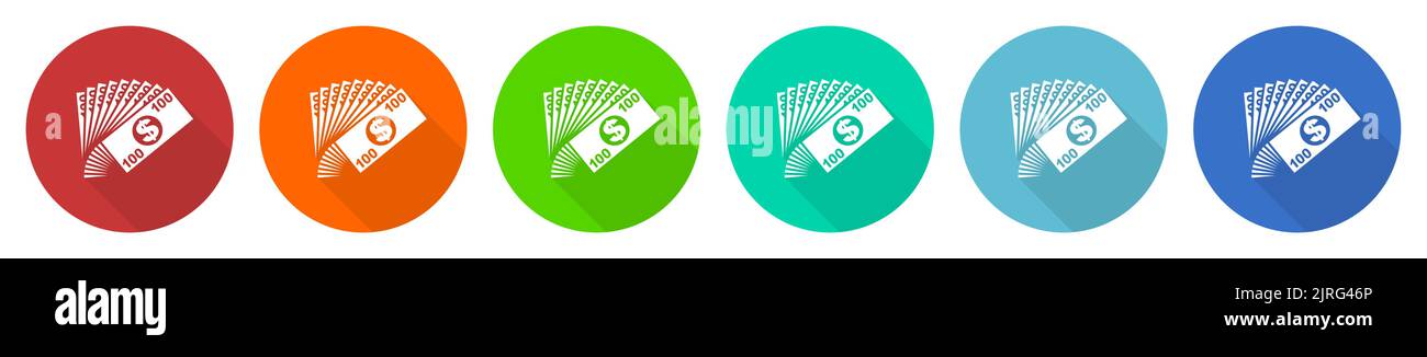 Money icon set, flat design vector illustration in 6 colors options for ...
